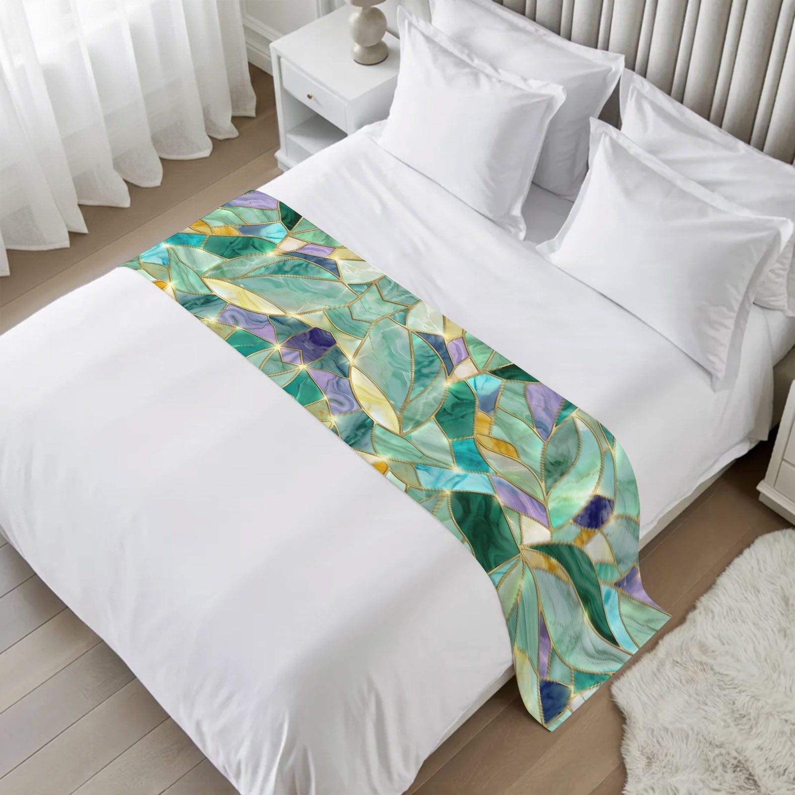 Bed Runner Teal Green Gold Veins Bedding Scarves Soft Decorative Bed ...