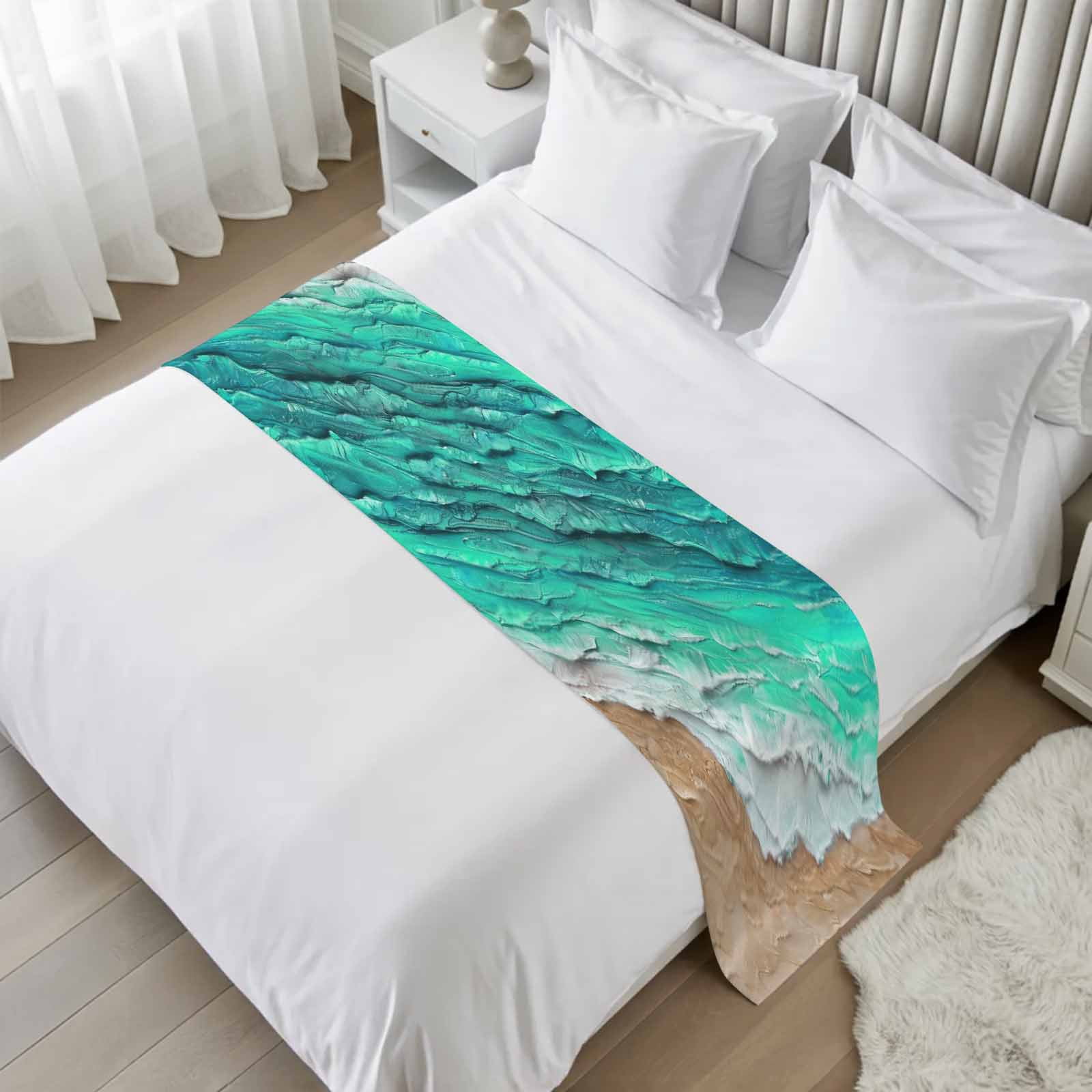 Bed Runner Teal Ocean Wave Bedding Scarves Soft Decorative Bed Flag ...