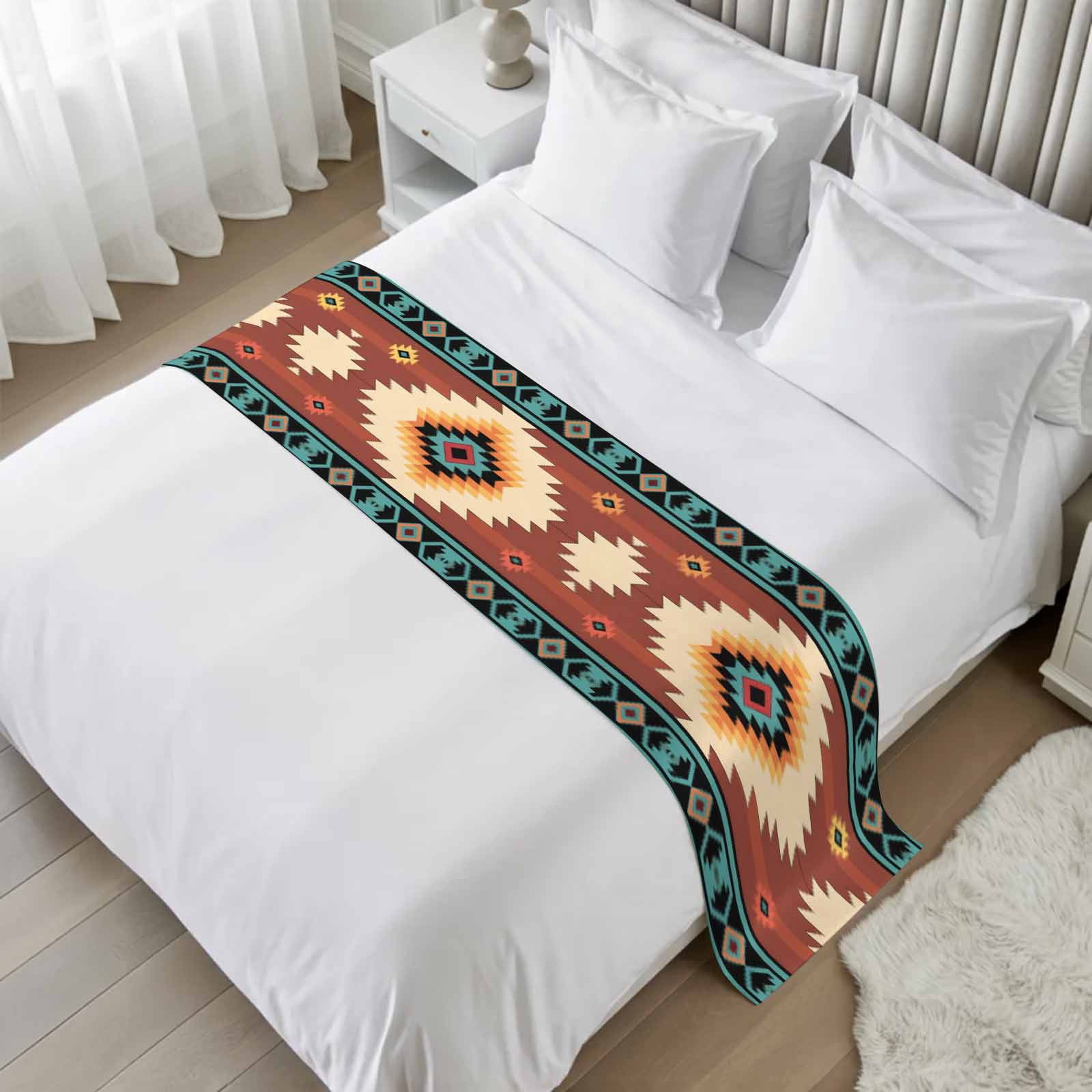 Bed Runner Teal Red Tribal Geometric Bedding Scarves Soft Decorative ...