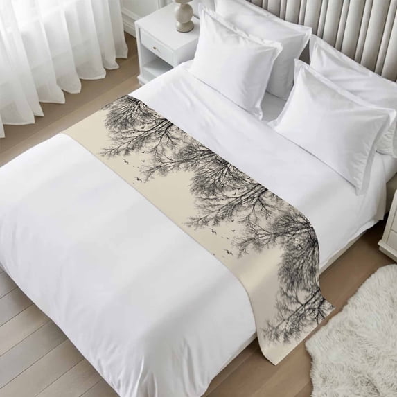 Bed Runner Tree Branches Bird Bedding Scarves Soft Decorative Bed Flag ...