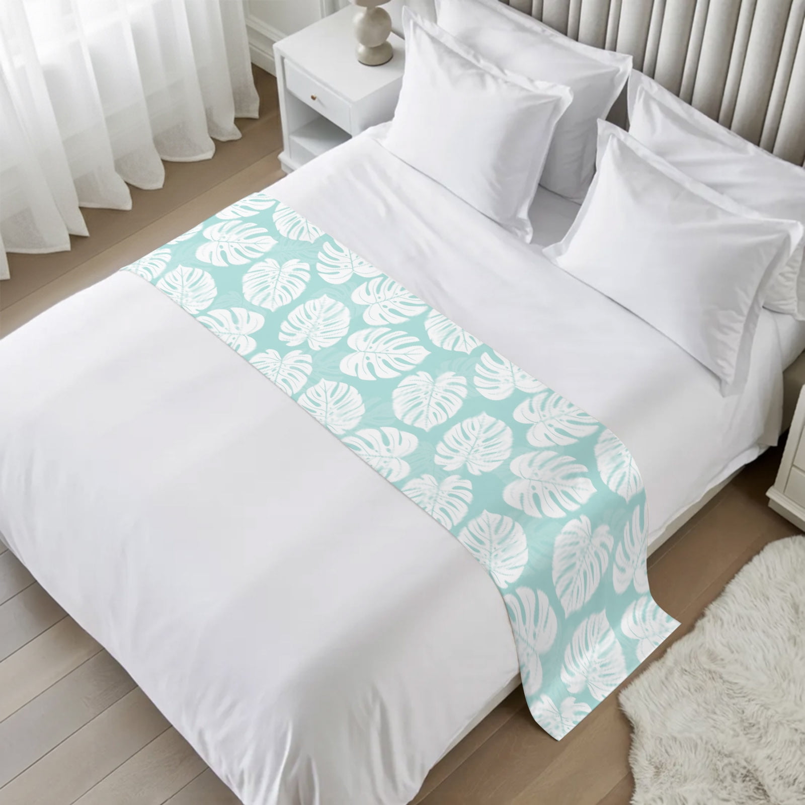 Bed Runner Turquoise Tropical Monstera Leaves Bedding Scarves Soft ...
