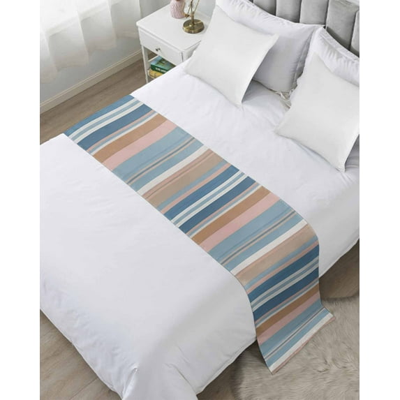 Bed Runner for Twin Size, Blue Grey Orange Striped Decorative Scarf ...