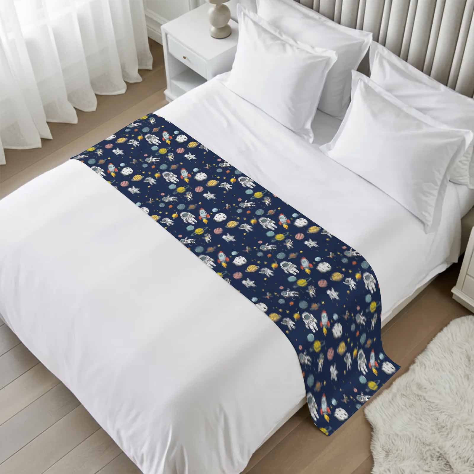 Bed Runner for Twin Size, Blue Space Decorative Scarf Throws for Foot ...