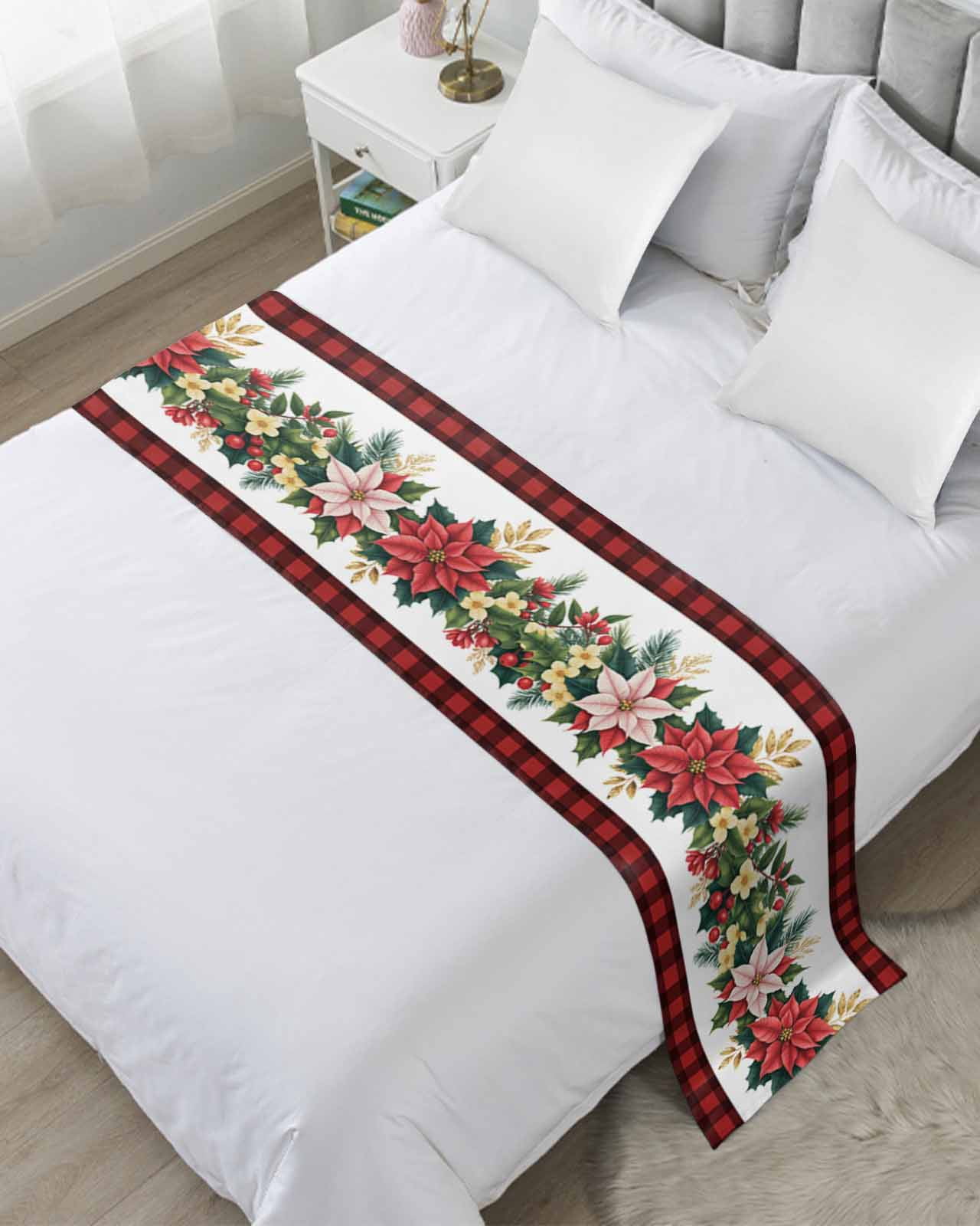 Bed Runner for Twin Size, Christmas Poinsettia Decorative Scarf Throws ...