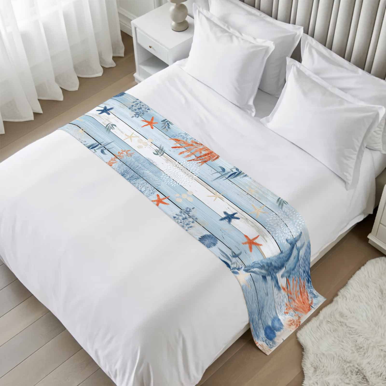 Bed Runner for Twin Size, Coastal Whale Decorative Scarf Throws for ...