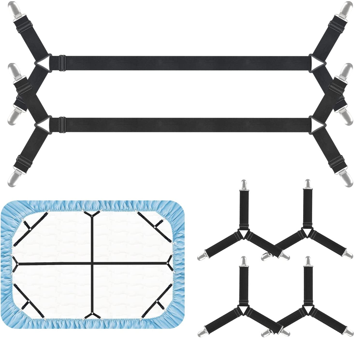 Bed Sheet Clips, 6 pcs Black Fitted Sheet Holder Straps, Upgraded ...