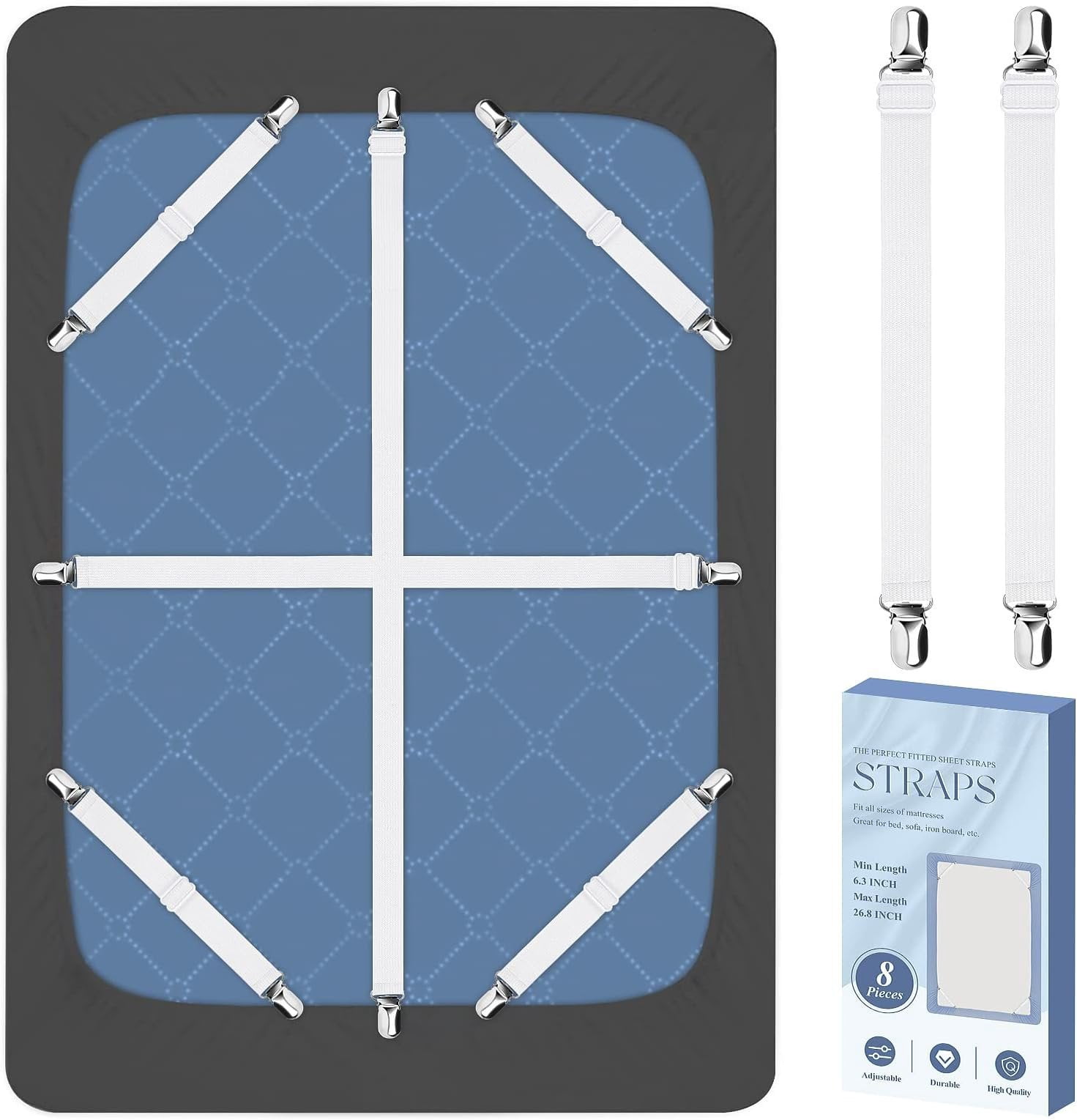 Bed Sheet Fasteners, 8 count Adjustable Max Stretches to 26.8 in Holder ...