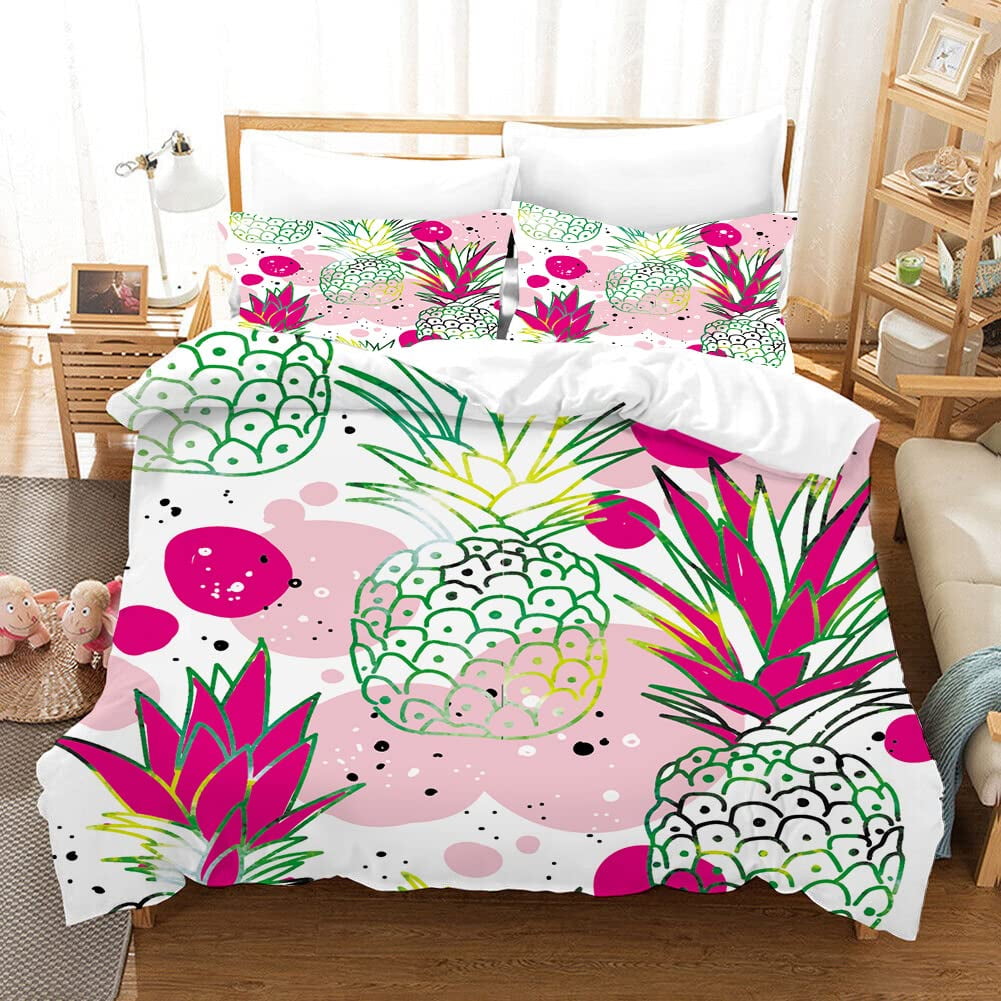 Bed Sheet Set Funny Pattern Pineapple Bedding Set Decor Quilted 3 Piece Cover Set with 2 Pillow ...