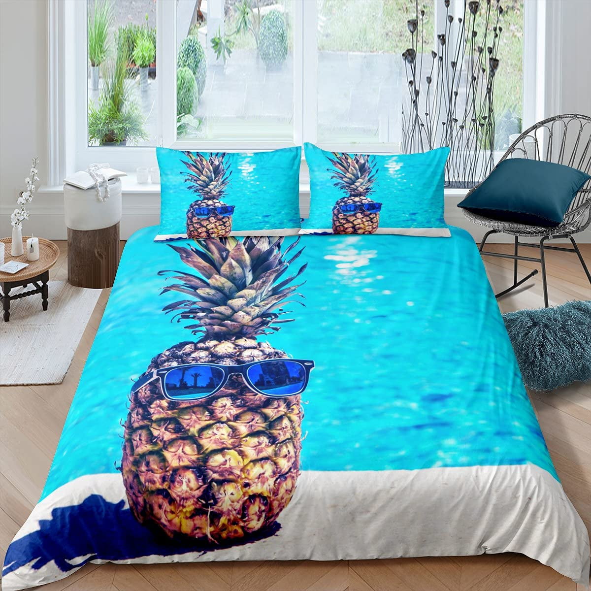 Bed Sheet Set Funny Pattern Pineapple Bedding Set Decor Quilted 3 Piece Cover Set with 2 Pillow ...
