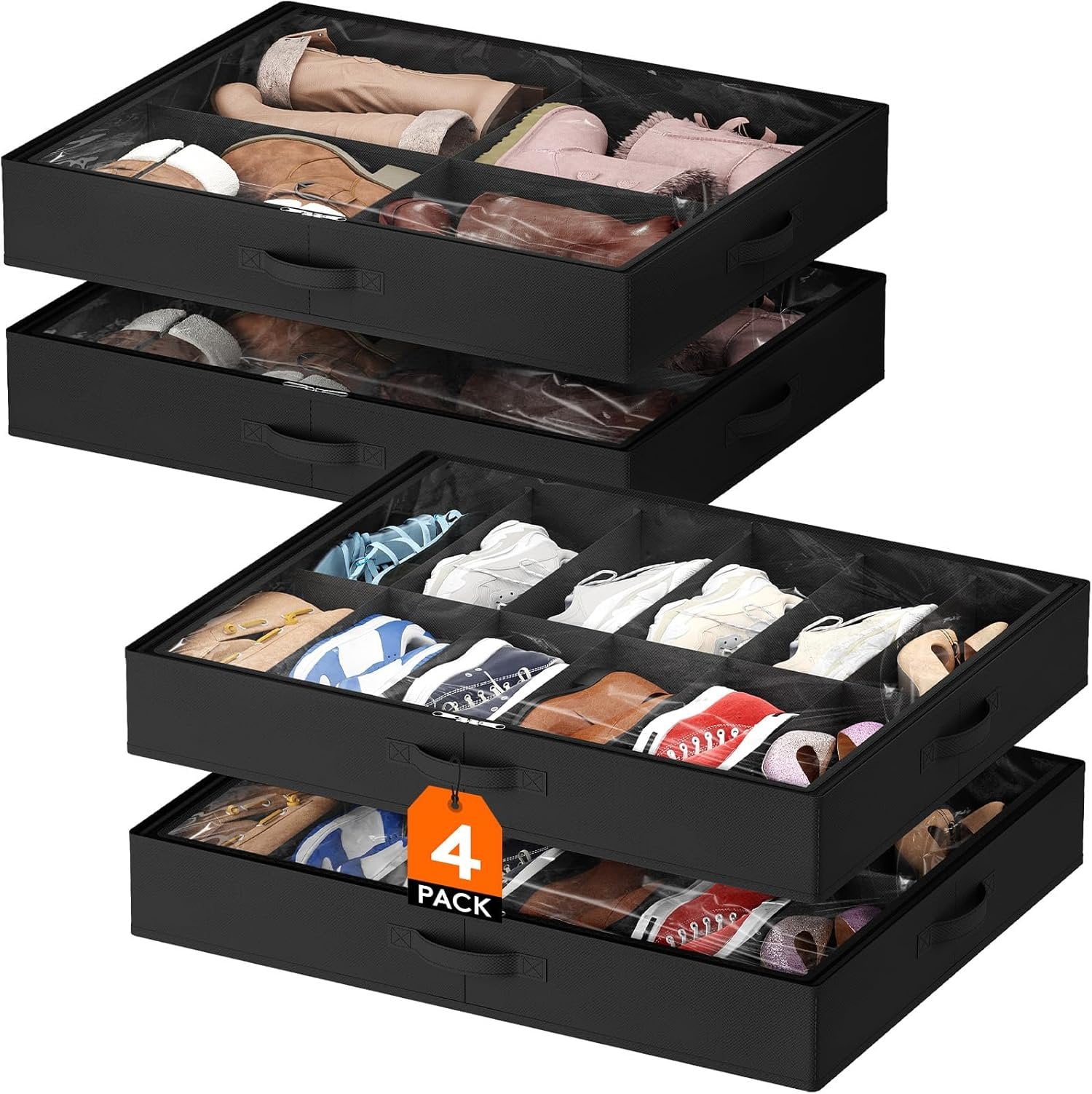 Under Bed Shoe Storage Organizer 4 Pack(2x12 Pairs+2x4 Pairs), 4.3 ...