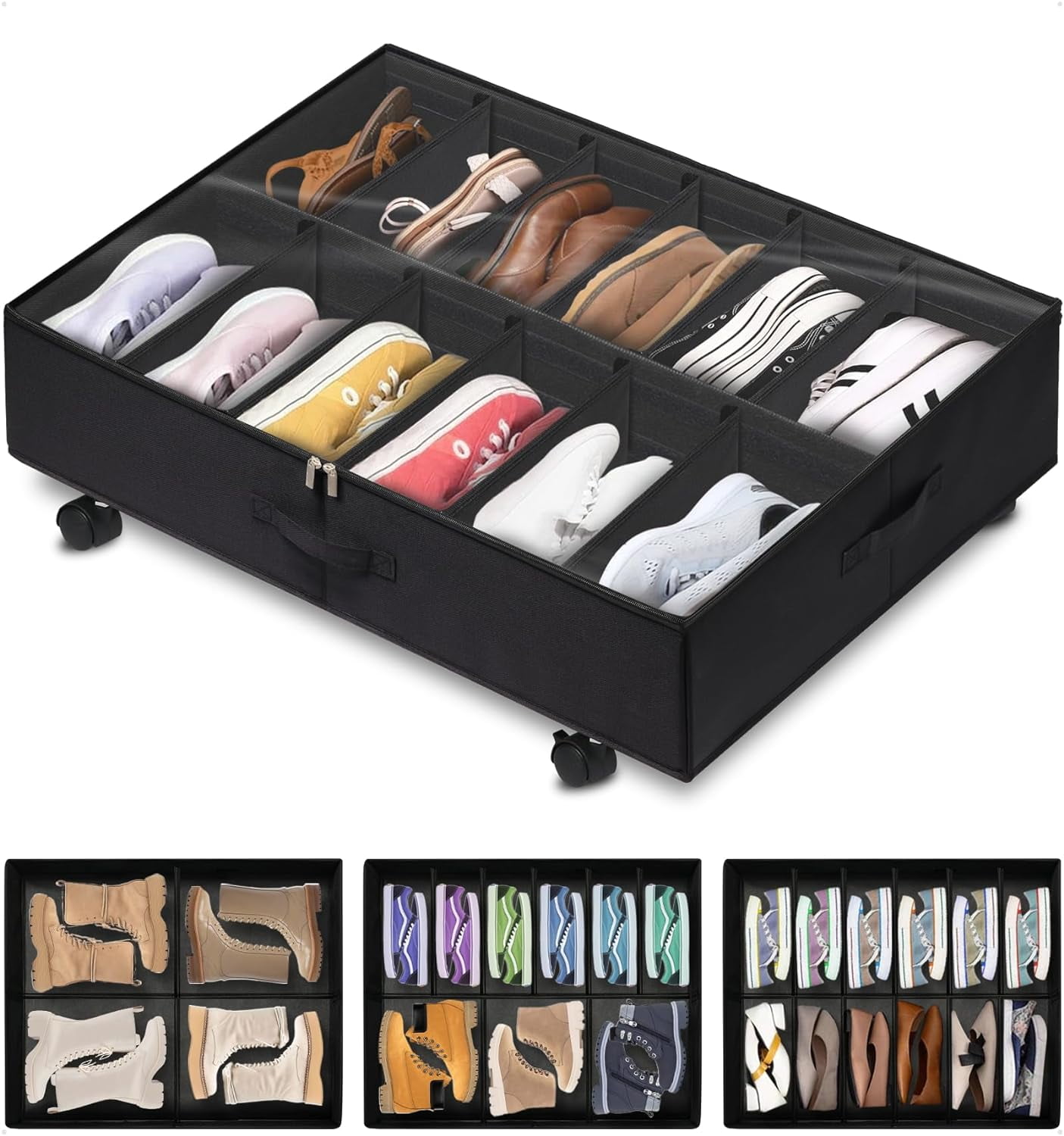 Under Bed Shoe Storage Organizer With Wheel & Adjustable Dividers, i ...