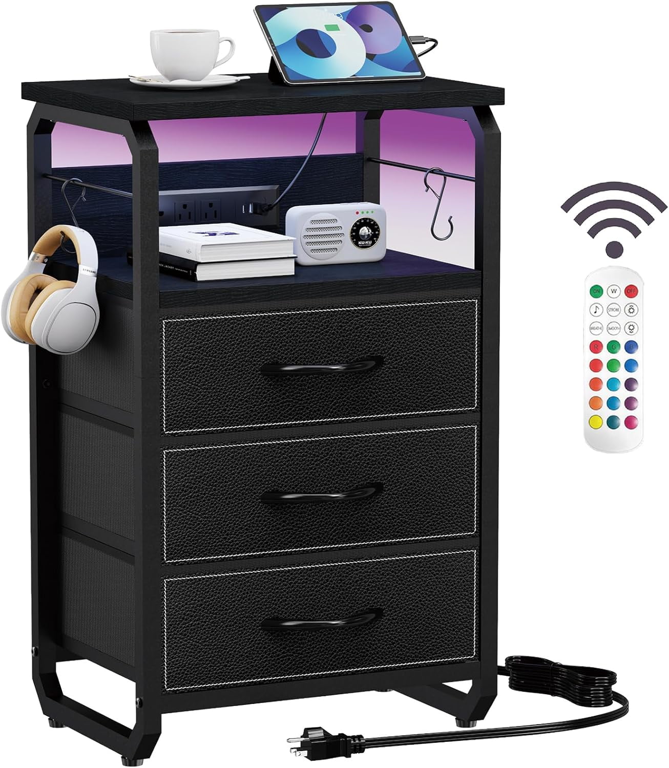 Bed Side Table with 3 Fabric Drawers, Black Night Stand, LED Nightstand ...