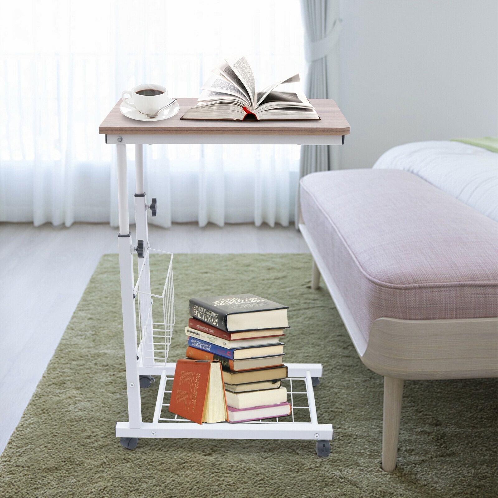 Bed Side Table Hospital Overbed Rolling Tray Adjustable Bedside Working ...
