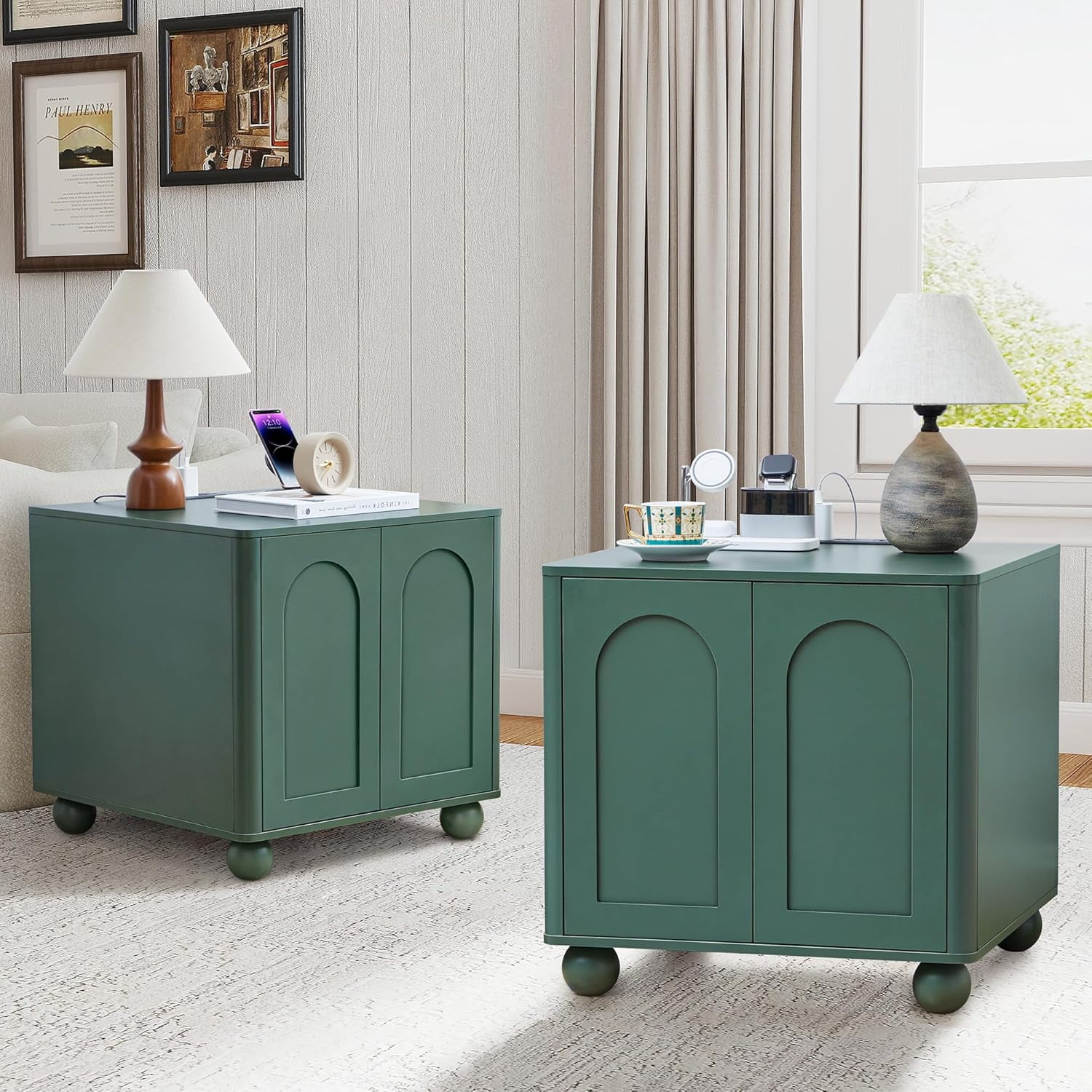 Bed Side Table Set of 2 with Charging Station, Mid Century Modern ...