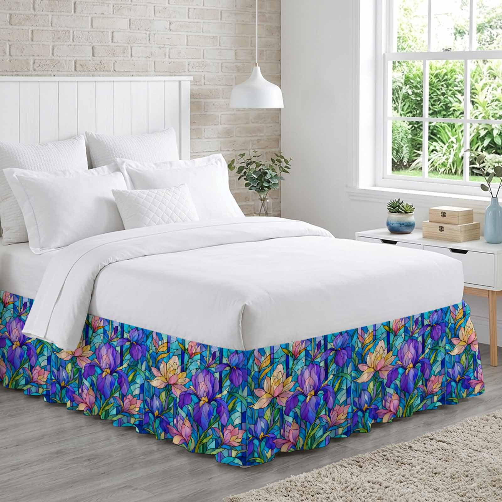 Bed Skirt Iris Water Lily Adjustable Elastic Wrap-Around Dust Ruffle ...