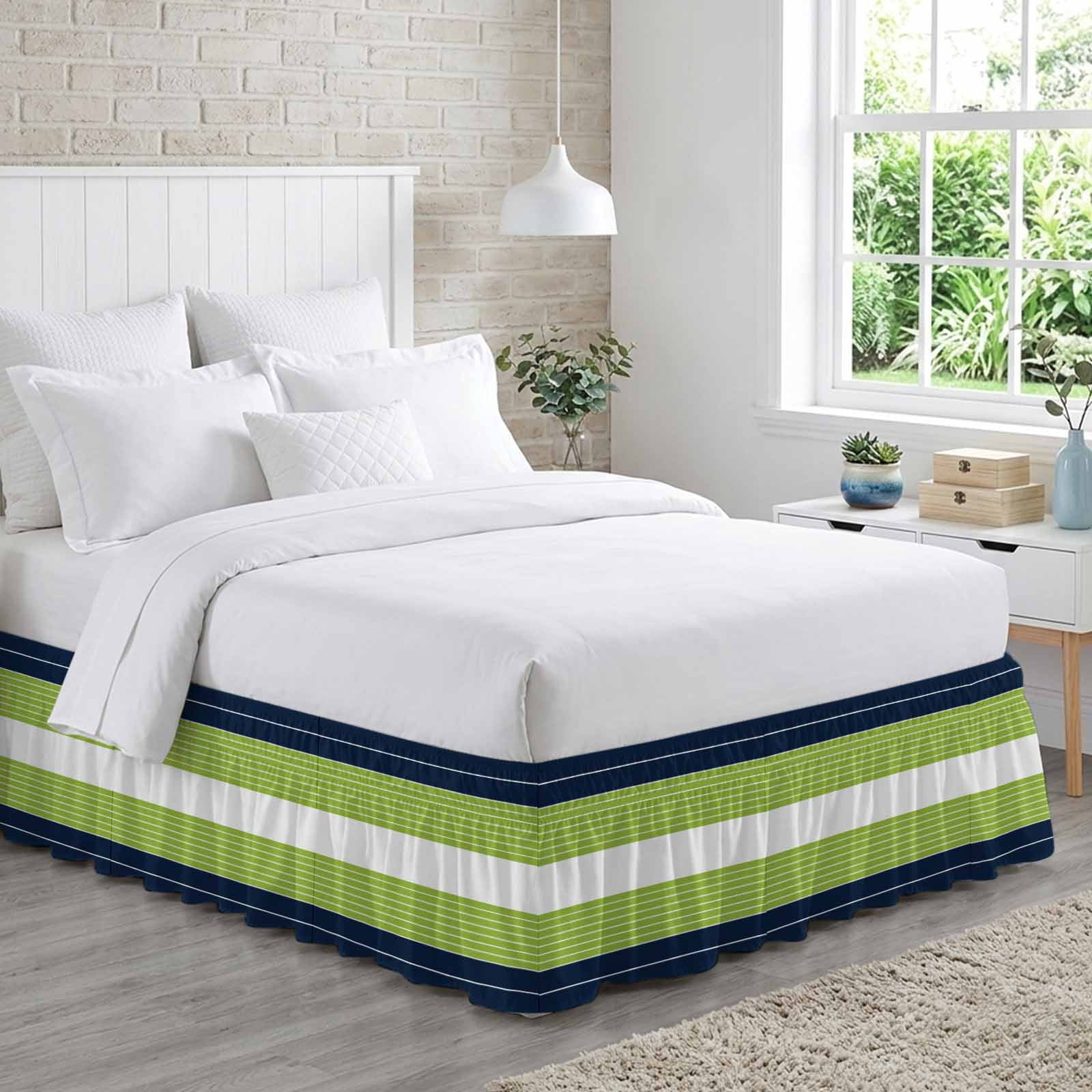 Bed Skirt Navy Blue Green Stripe Adjustable Elastic Wrap-Around Dust ...