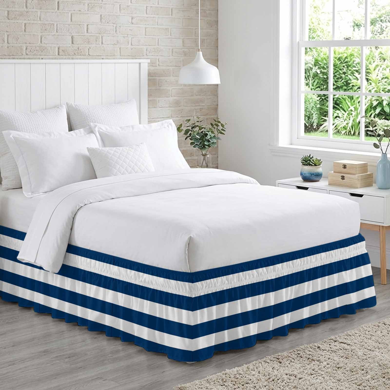 Bed Skirt Navy Blue White Stripe Adjustable Elastic Wrap-Around Dust ...