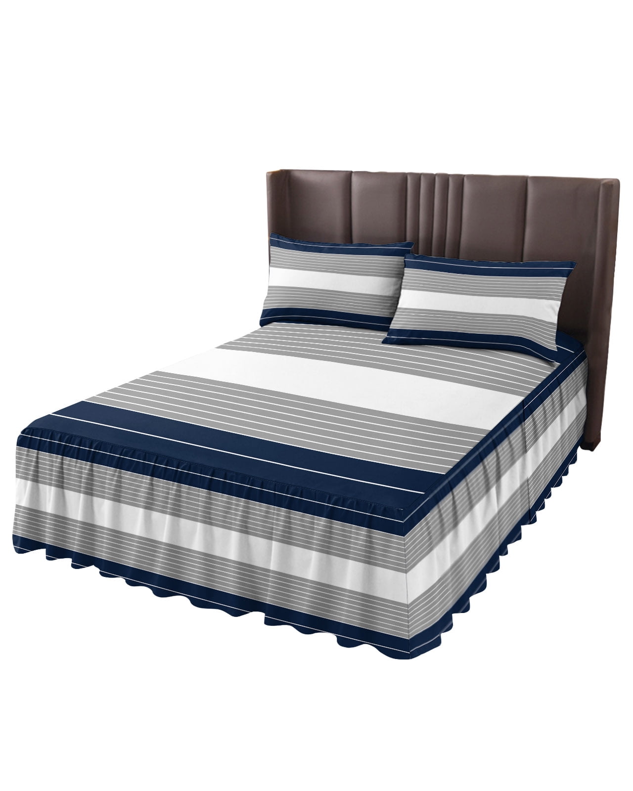 Bed Skirt Queen Size 18 Inch Drop, Navy Blue Grey Stripe Wrap Around ...