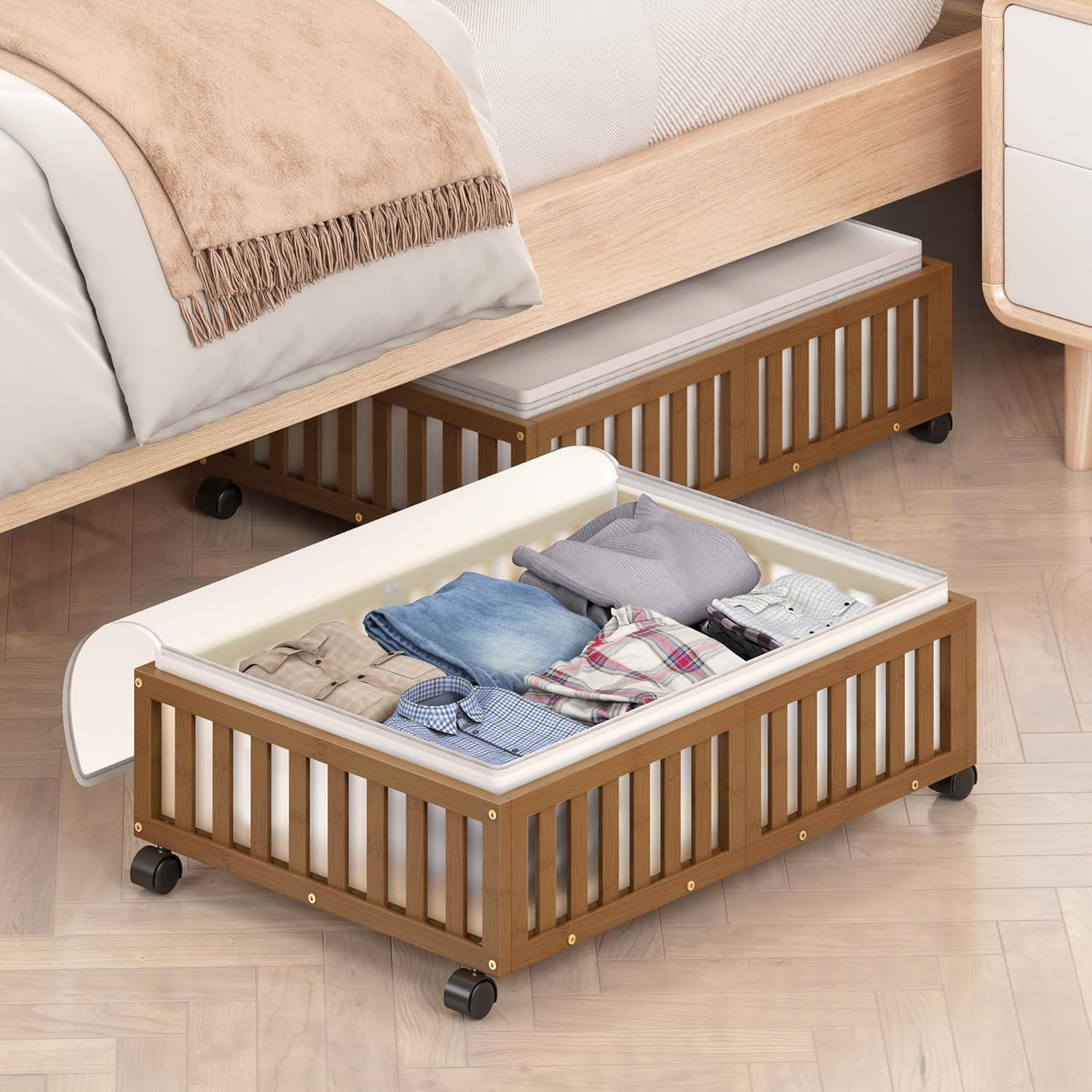 Under Bed Storage Containers with Wheels, 2 Pack Bamboo Under the Bed ...