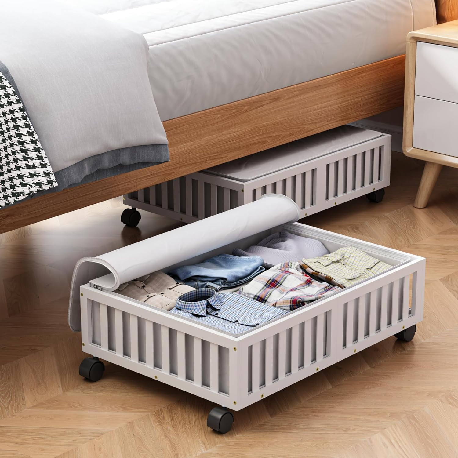 Bamboo Under Bed Storage Containers with Wheels, 2 Pack Under the Bed ...