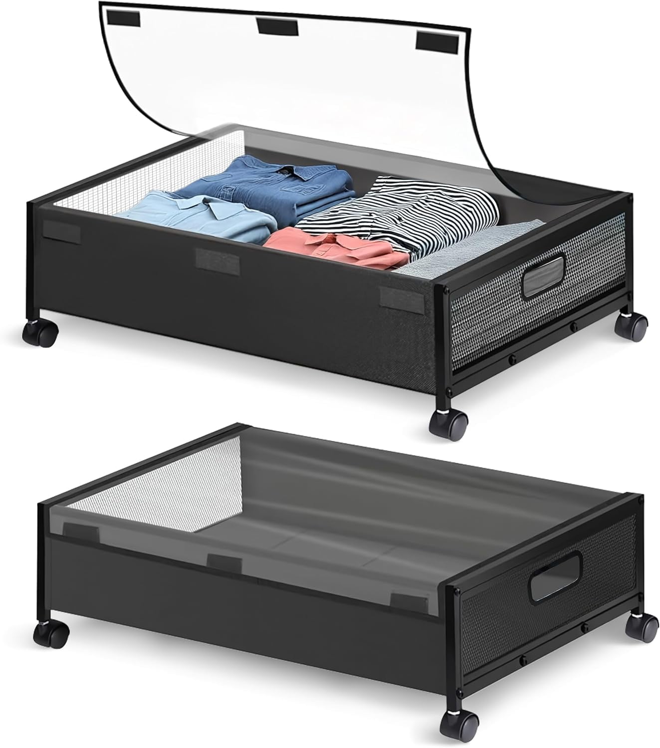 Under Bed Storage Containers with Wheels, 2 Pack Rolling Underbed ...