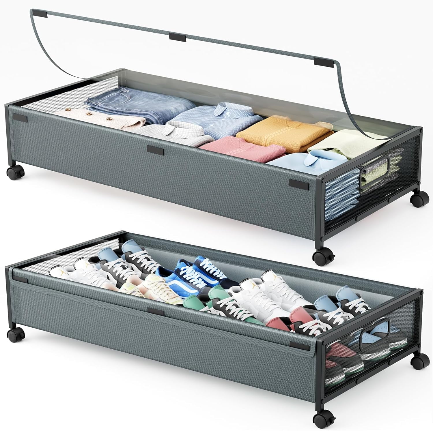 Under Bed Storage Containers with Wheels 2 Pack Underbed Shoe Storage ...