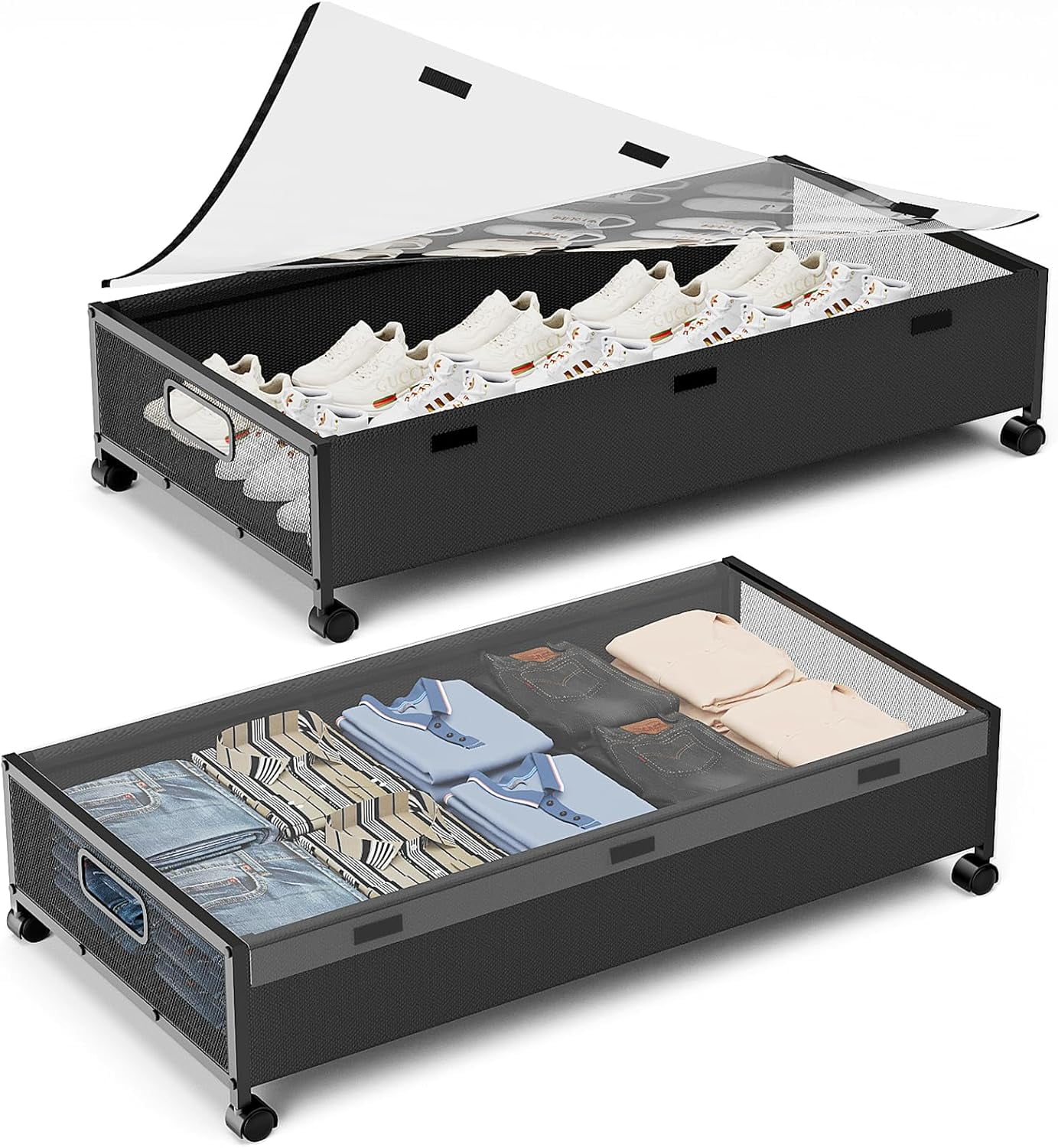 Under Bed Storage Containers with Wheels, 2 Pack Underbed Shoe Storage ...