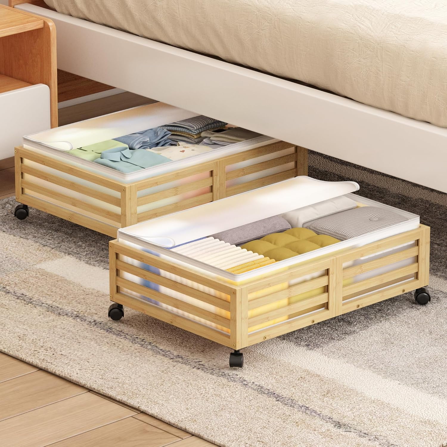 Under Bed Storage Containers With Wheels - 2 Pcs Bamboo Wood Rolling ...