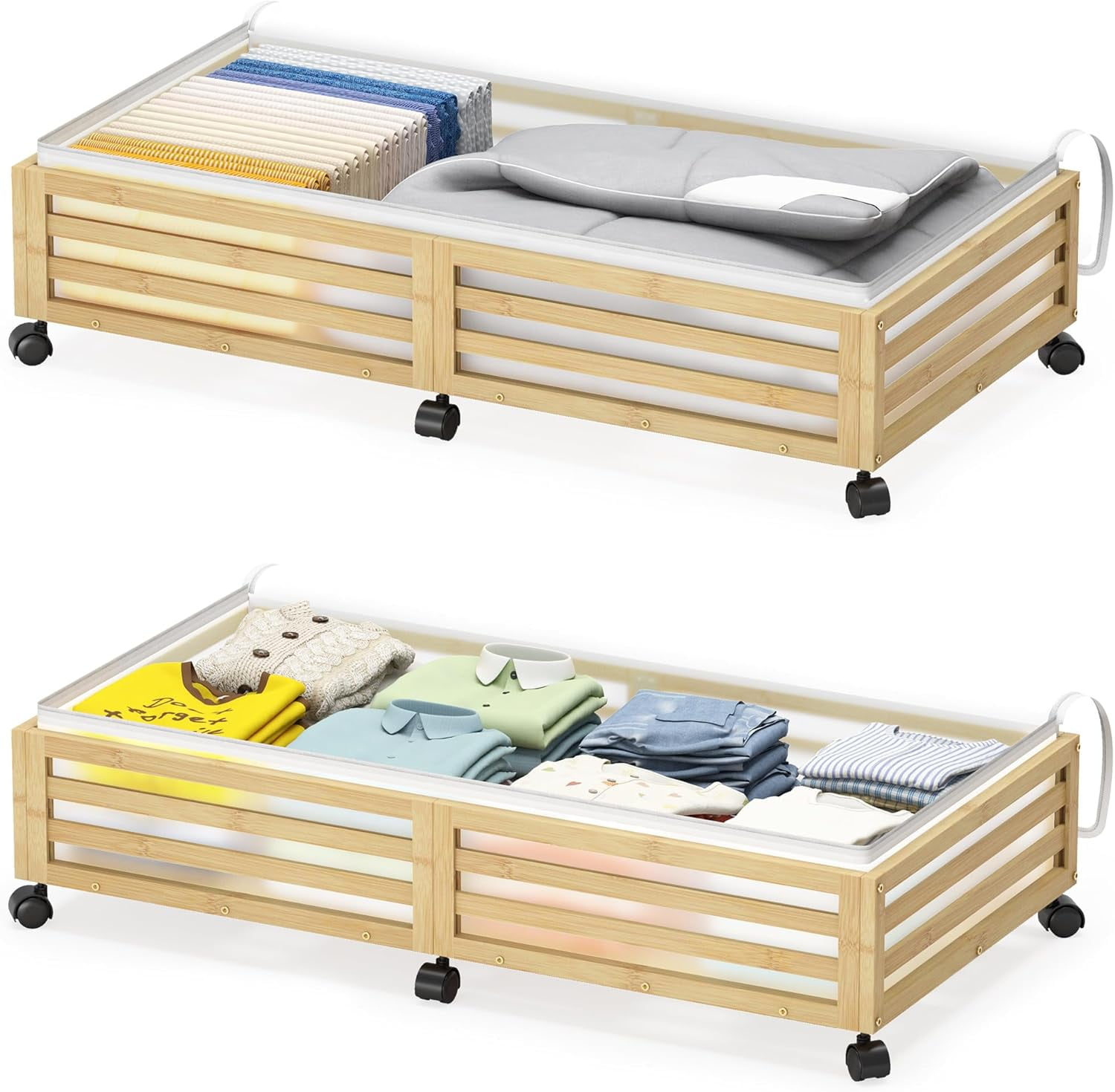 Under Bed Storage Containers With Wheels - 2 Pcs Large Bamboo Wood ...