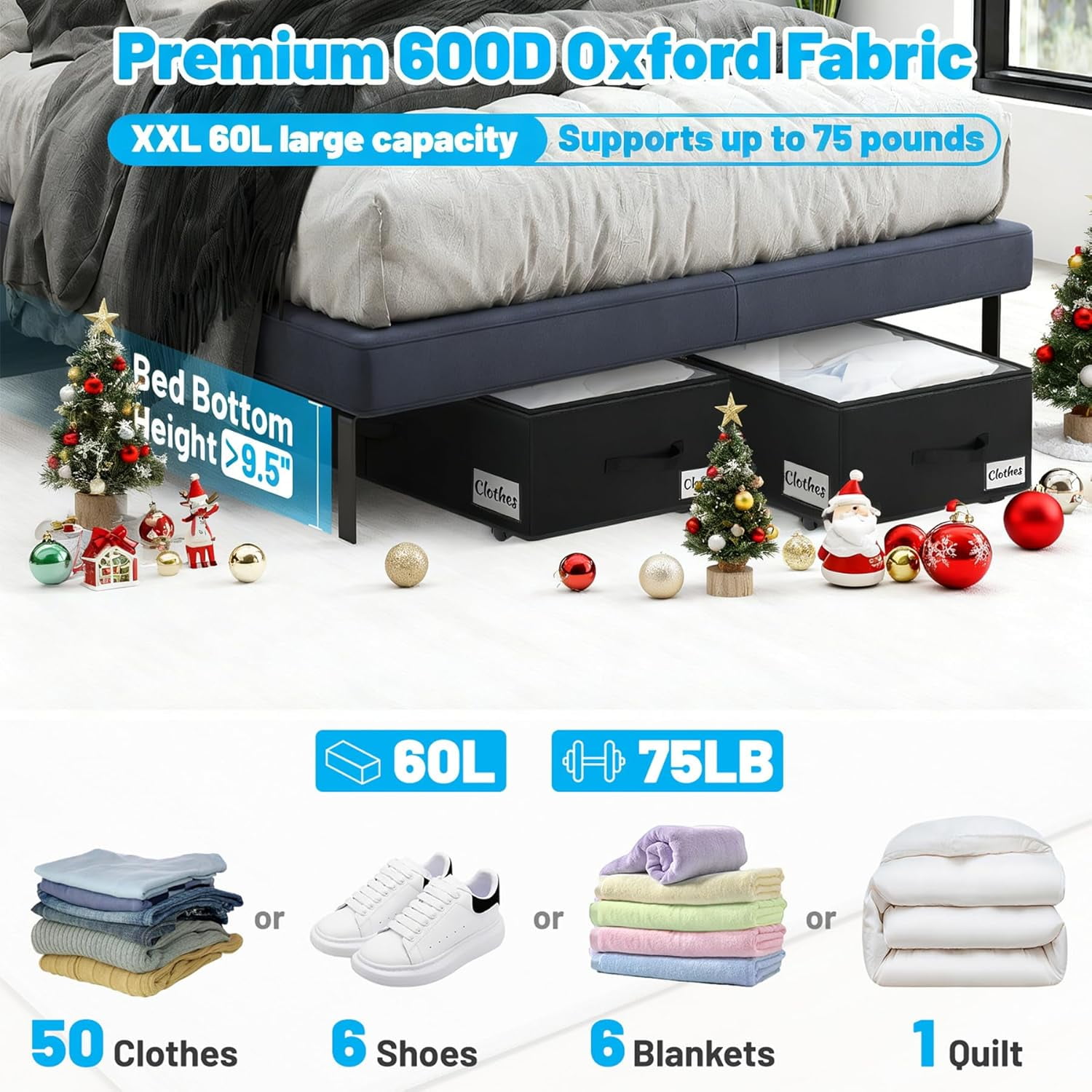 Under Bed Storage with Wheels, 2-Pack 10" Height XXL 60L Rolling ...