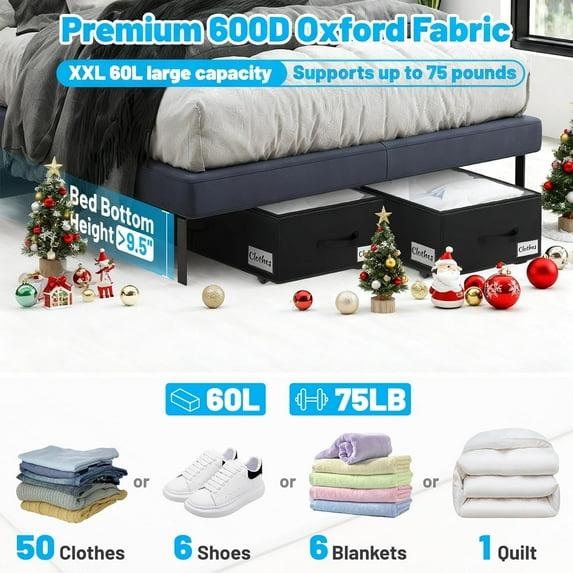 Under Bed Storage with Wheels, 2-Pack 10" Height XXL 60L Rolling ...