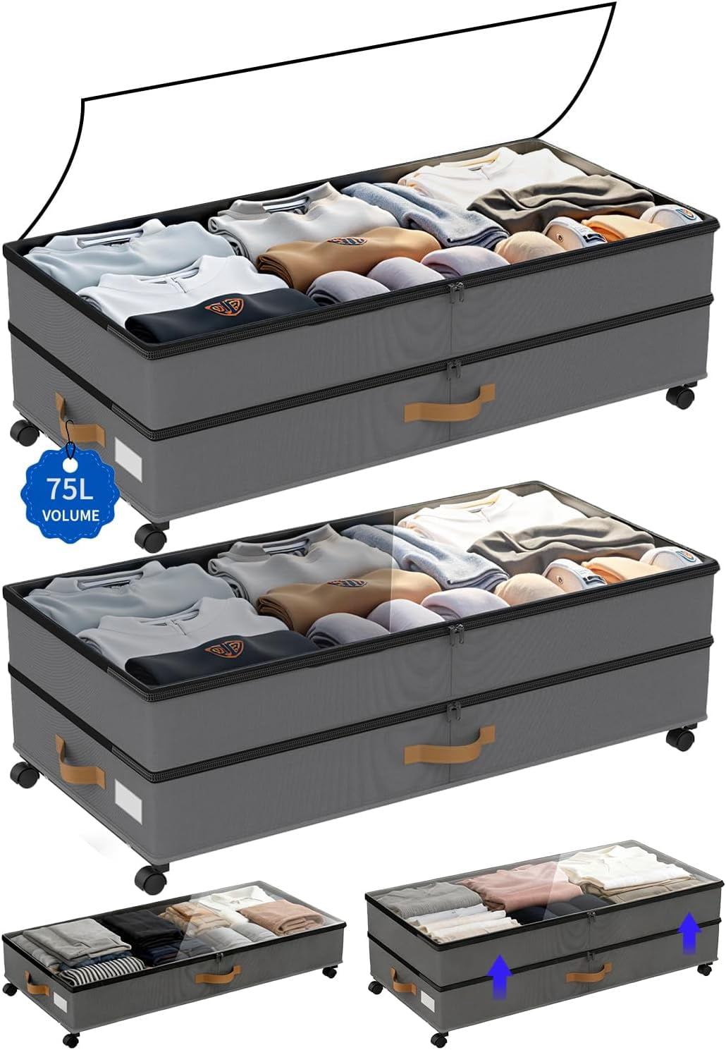 Under Bed Storage with Wheels 2-Pack, 75L XXL Under the Bed Storage ...