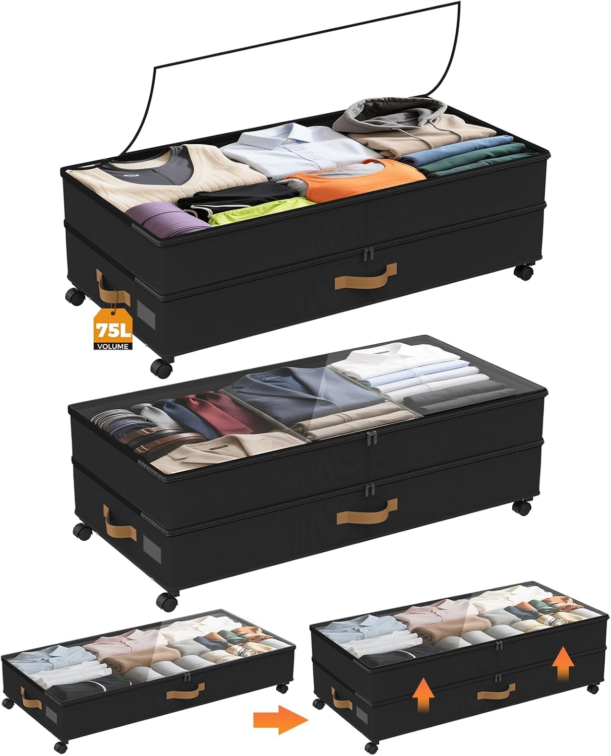 Under Bed Storage with Wheels 2-Pack, 75L XXL Under the Bed Storage ...