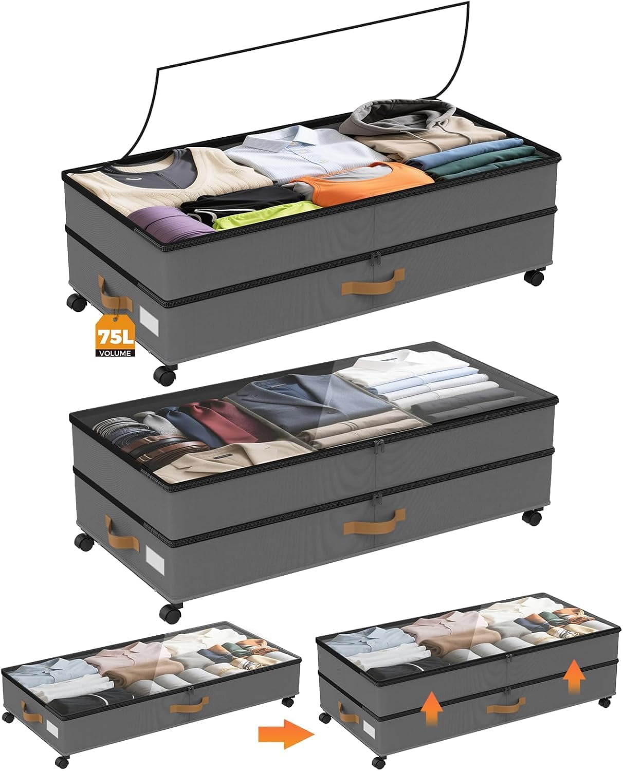 Under Bed Storage with Wheels 2-Pack, 75L XXL Under the Bed Storage ...