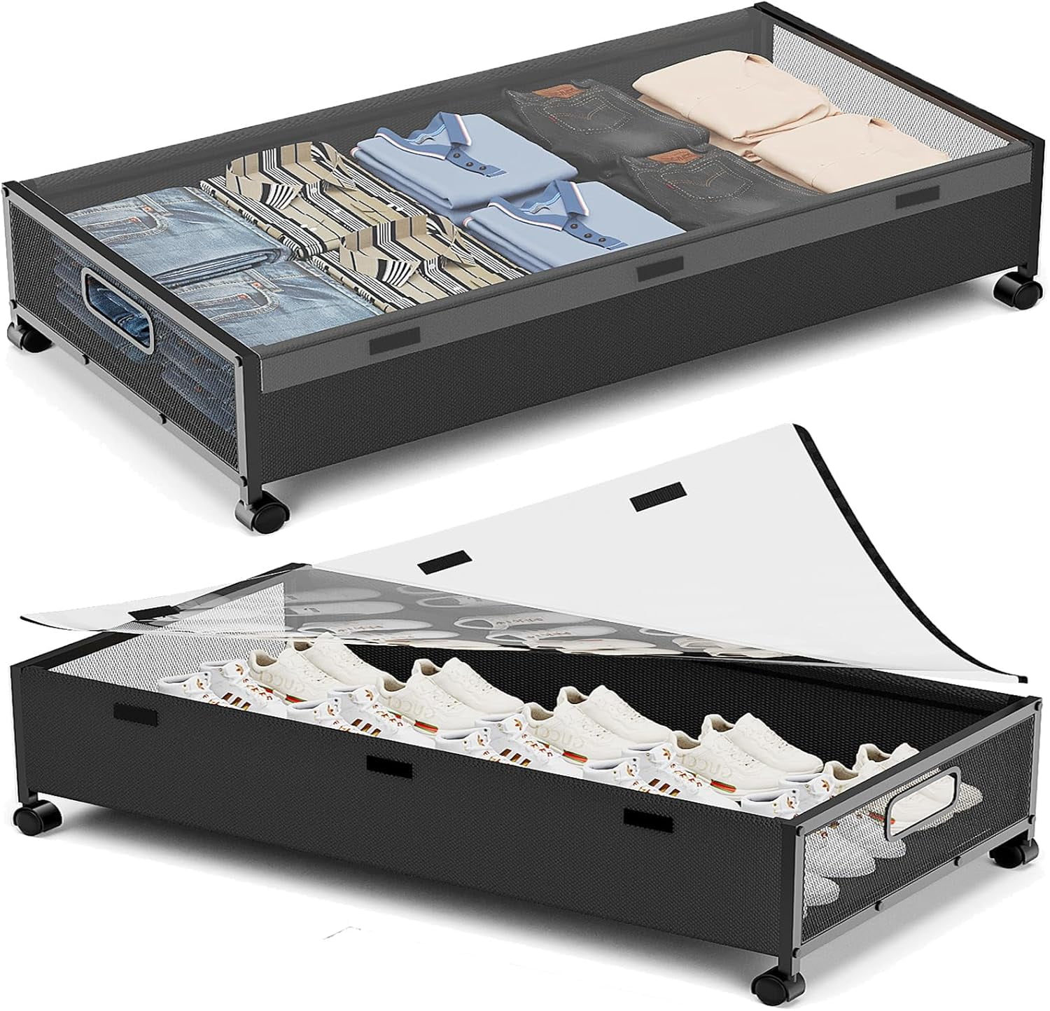 Under Bed Storage with Wheels,2 Pack Under Bed Shoe Storage, Under the ...