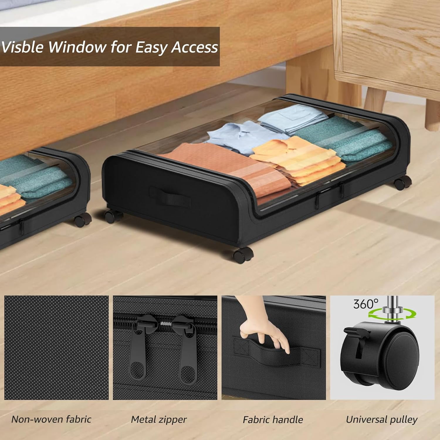 Under Bed Storage with Wheels, 2-Pack Under Bed Storage Containers, 5.1 ...