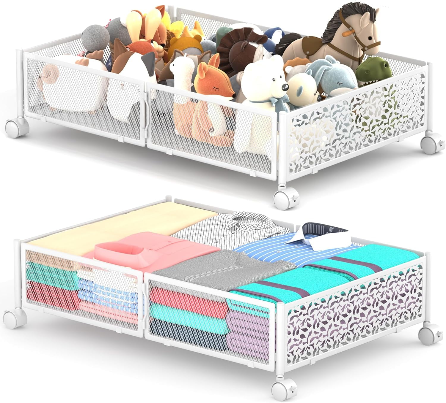 Under Bed Storage with Wheels, 2 Pack Foldable Metal Under Bed Storage ...