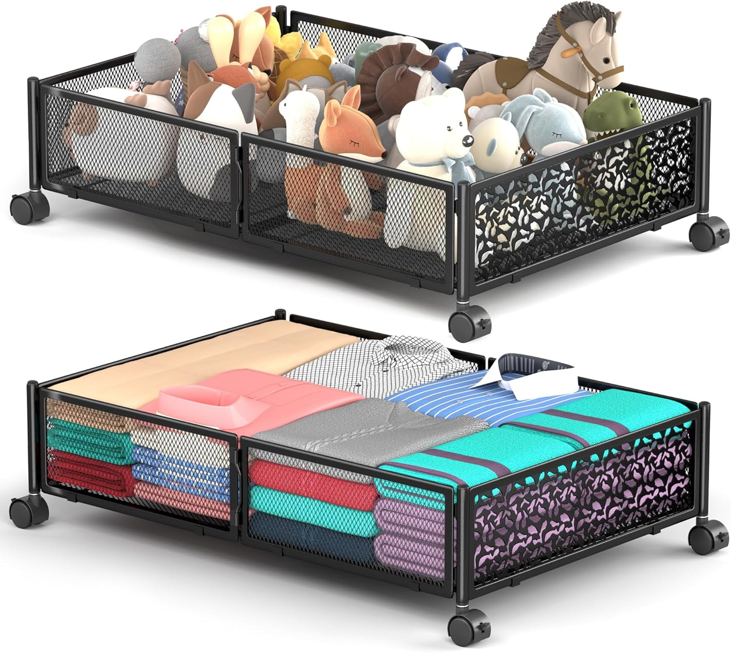 Under Bed Storage With Wheels, 2 Pack Foldable Pattern Carved Metal ...