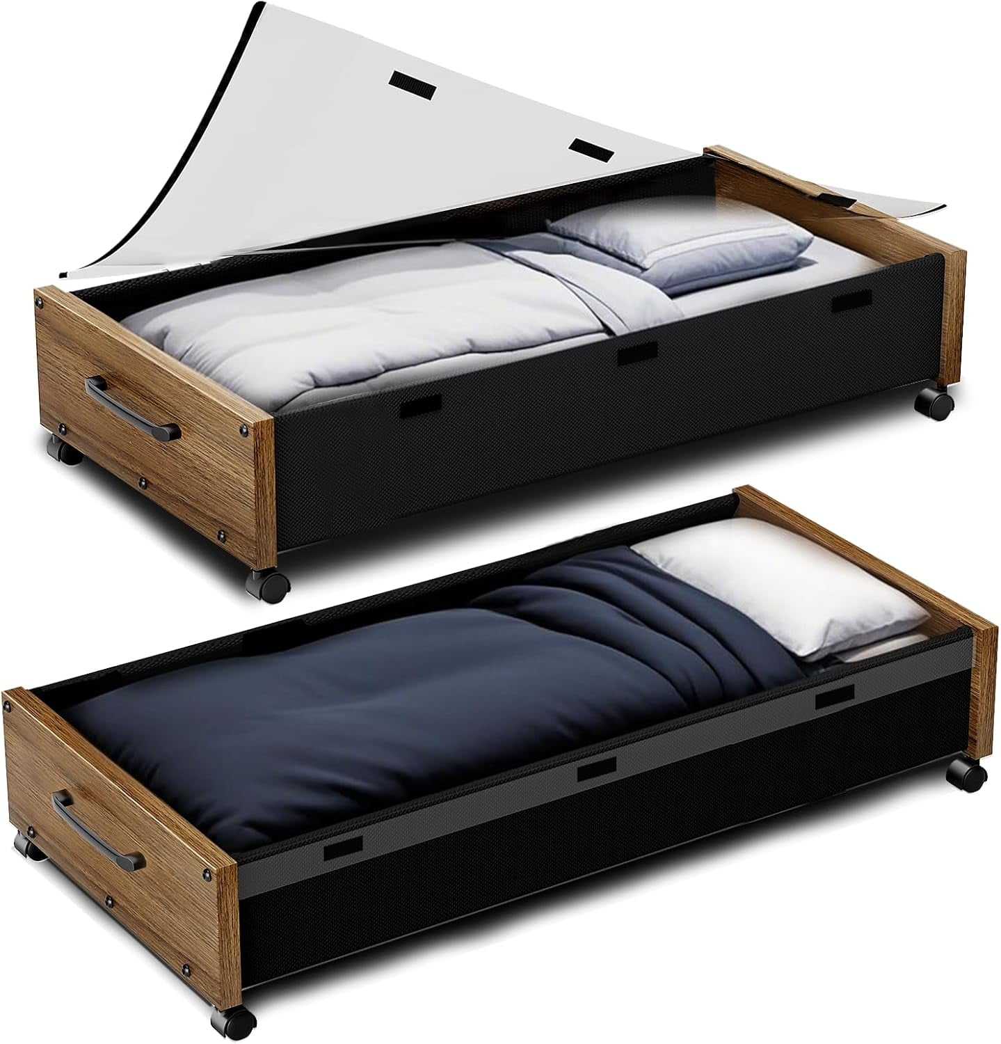Under Bed Storage with Wheels, 2 Packs Wooden Storage Containers Extra ...