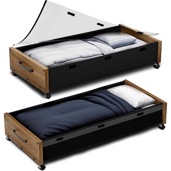 Under Bed Storage with Wheels, 2 Packs Wooden Storage Containers Extra ...