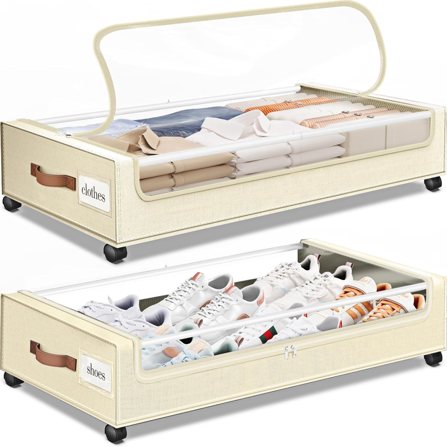 Beige 2 pack Under Bed Storage with Wheels Clear Window Label, Large ...