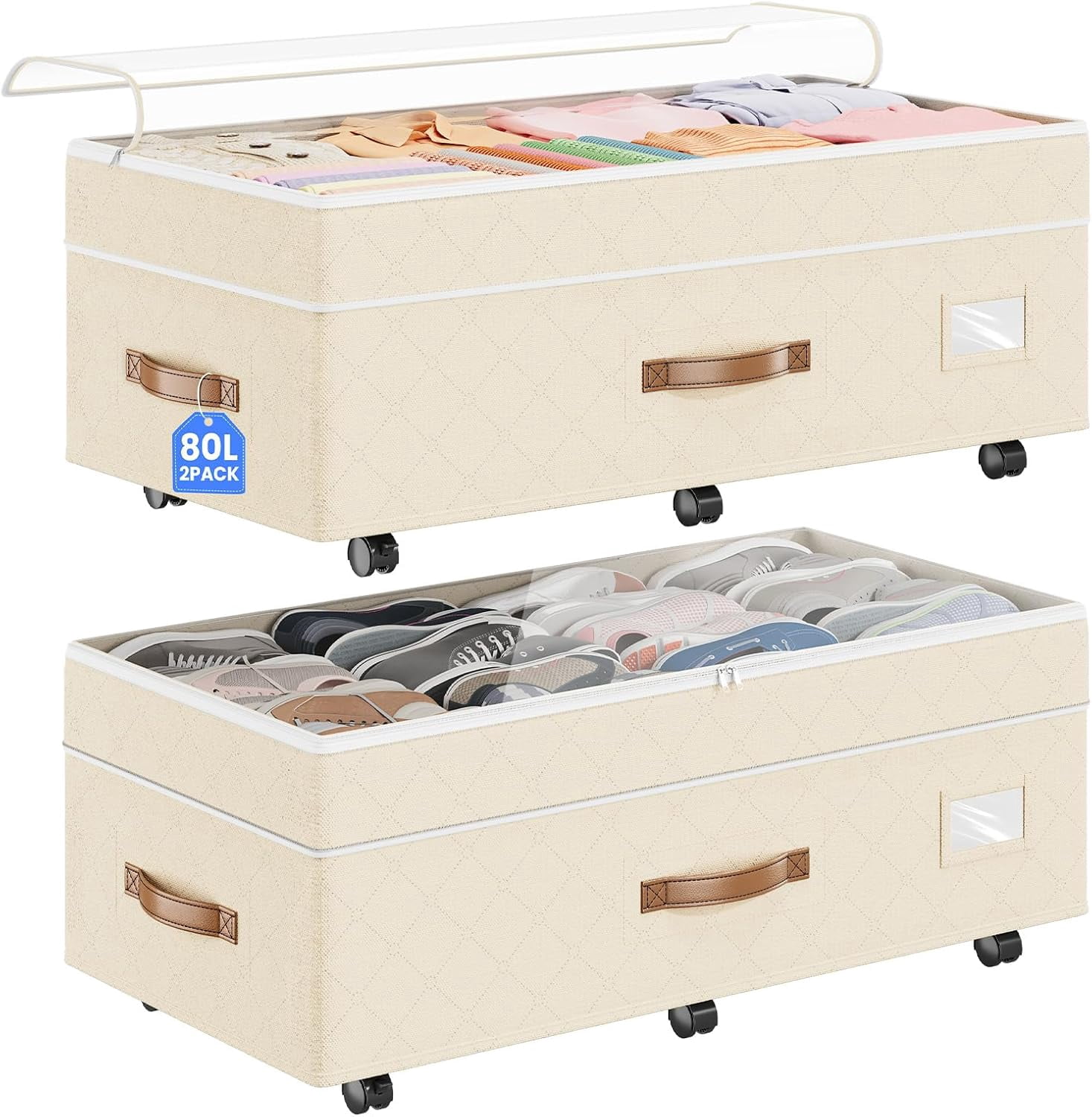 Under Bed Storage with Wheels 2Pack, 80L Height Adjustable Underbed ...