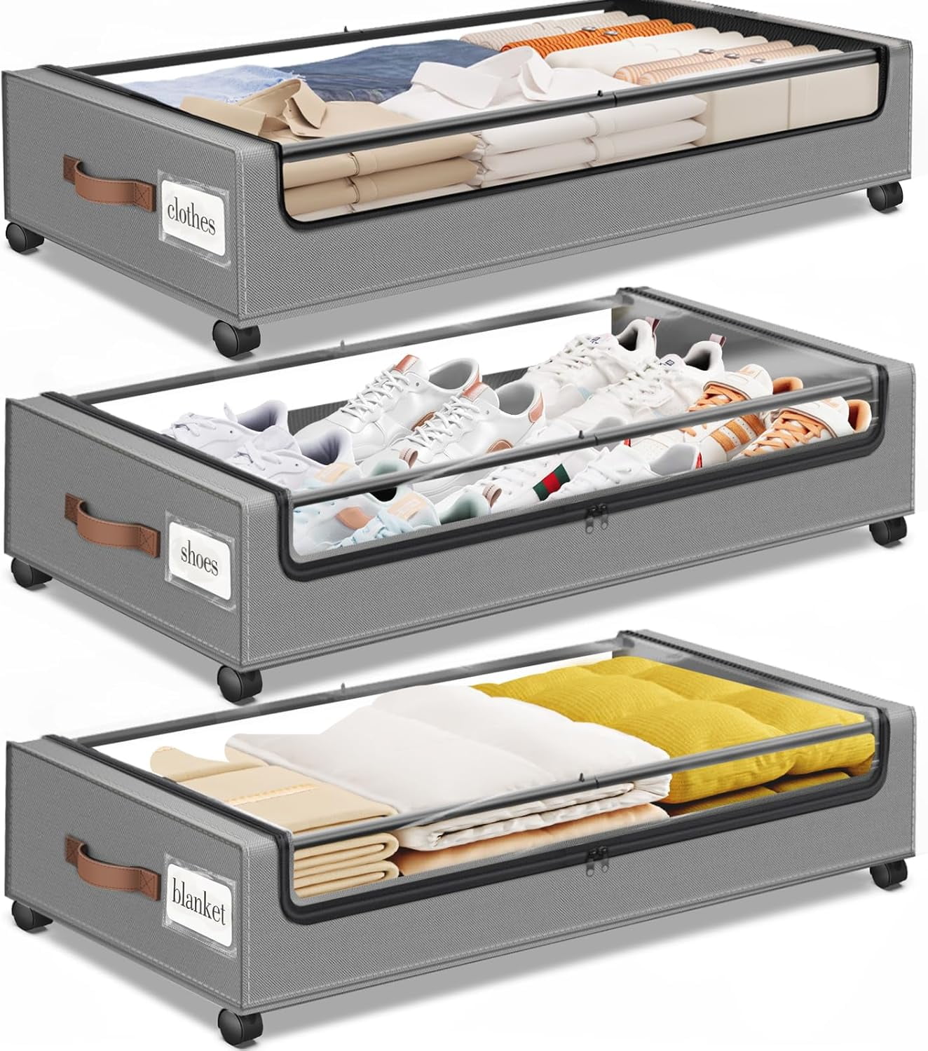 Under Bed Storage with Wheels 3-Pack | Clear Window & Label | Large ...