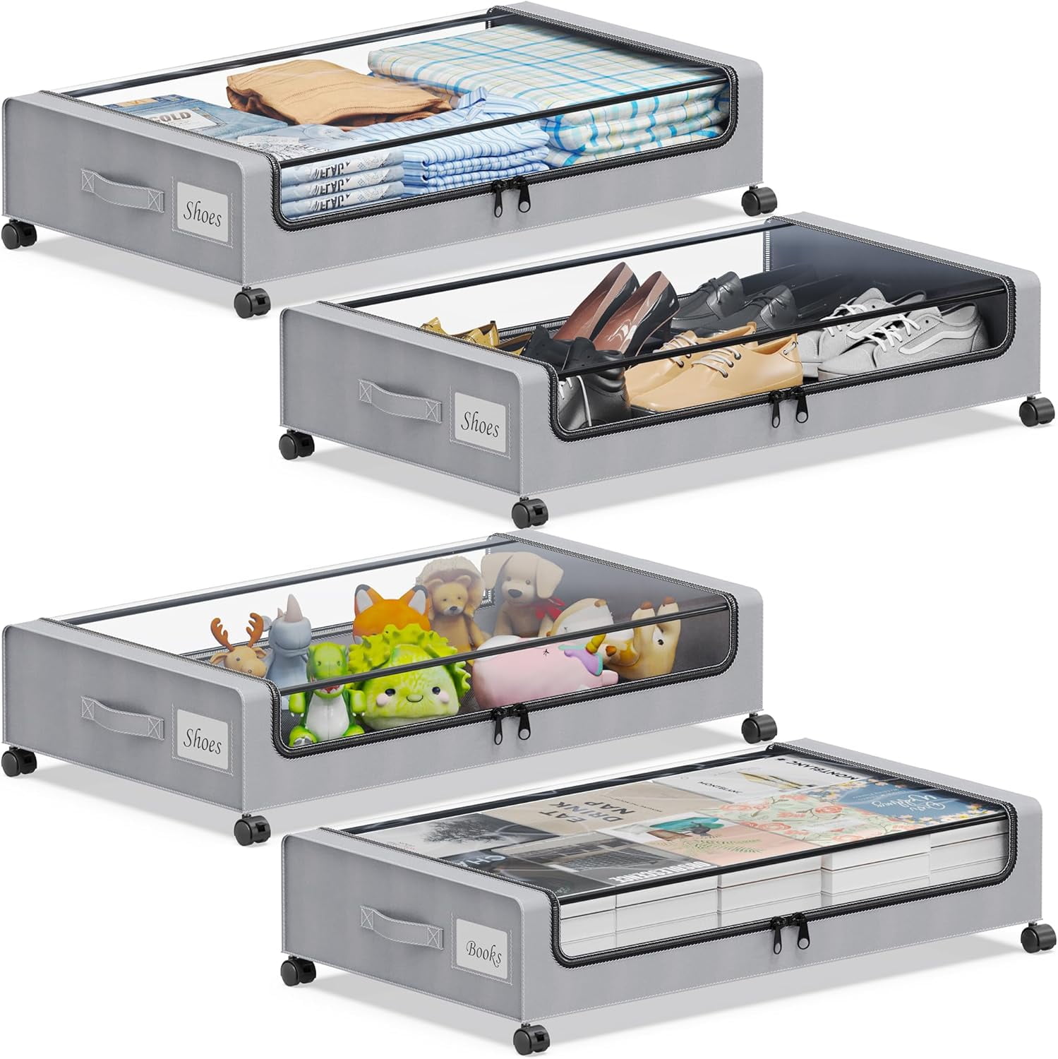 Under Bed Storage with Wheels, 4-Pack Under the Bed Storage Containers ...