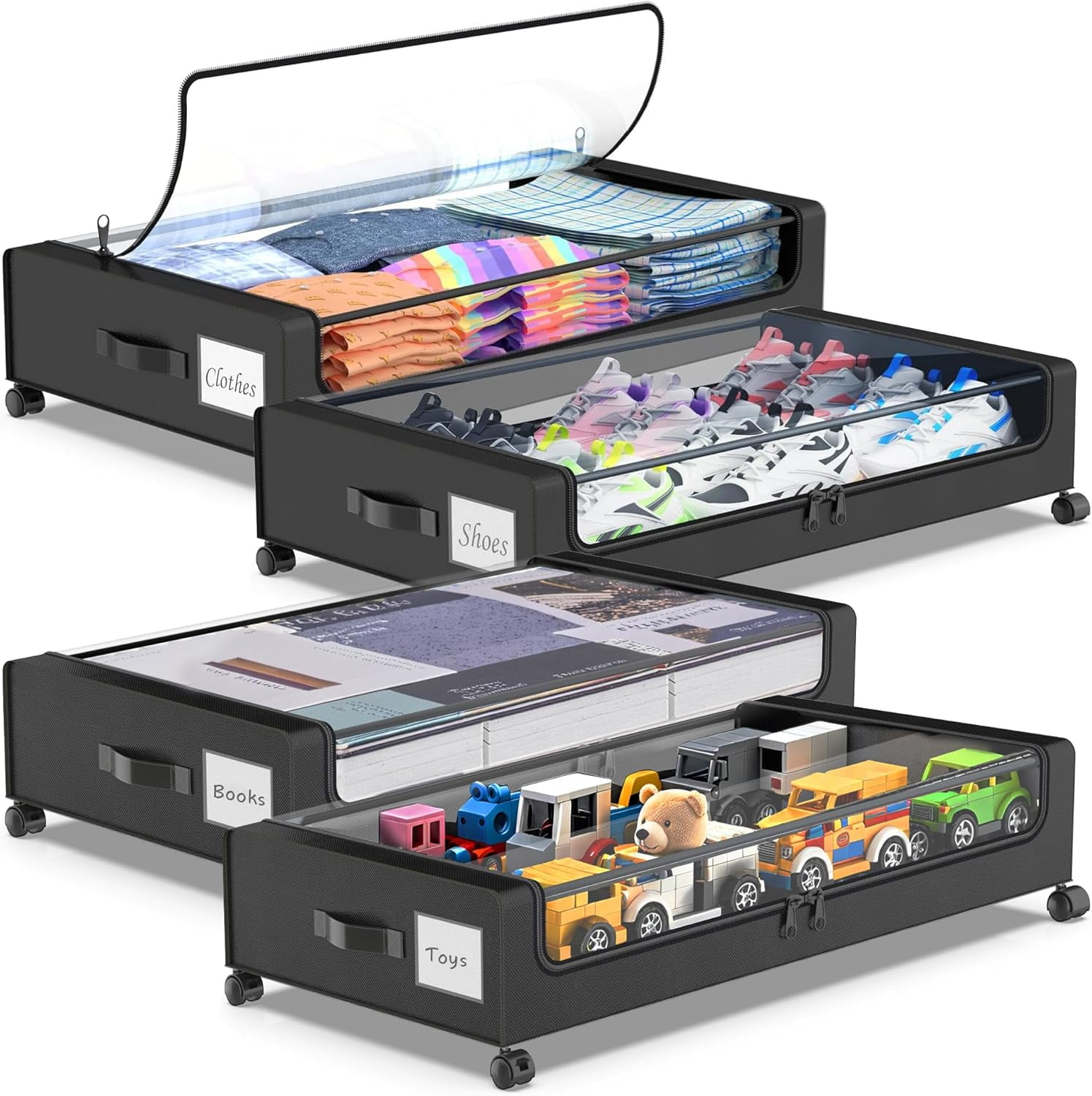 Under Bed Storage with Wheels, 4-Pack Under Bed Storage Containers with ...