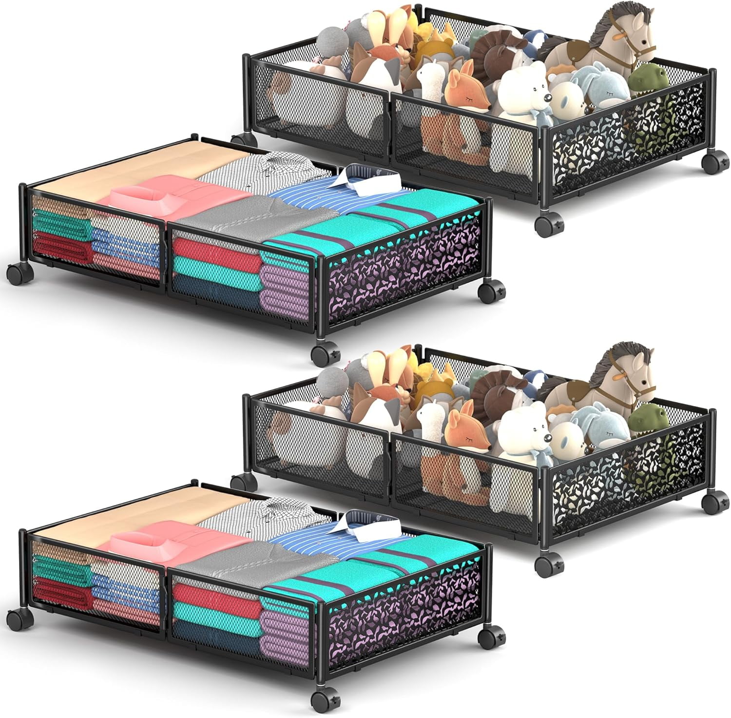 Under Bed Storage With Wheels, 4 Pack Foldable Pattern Carved Metal ...