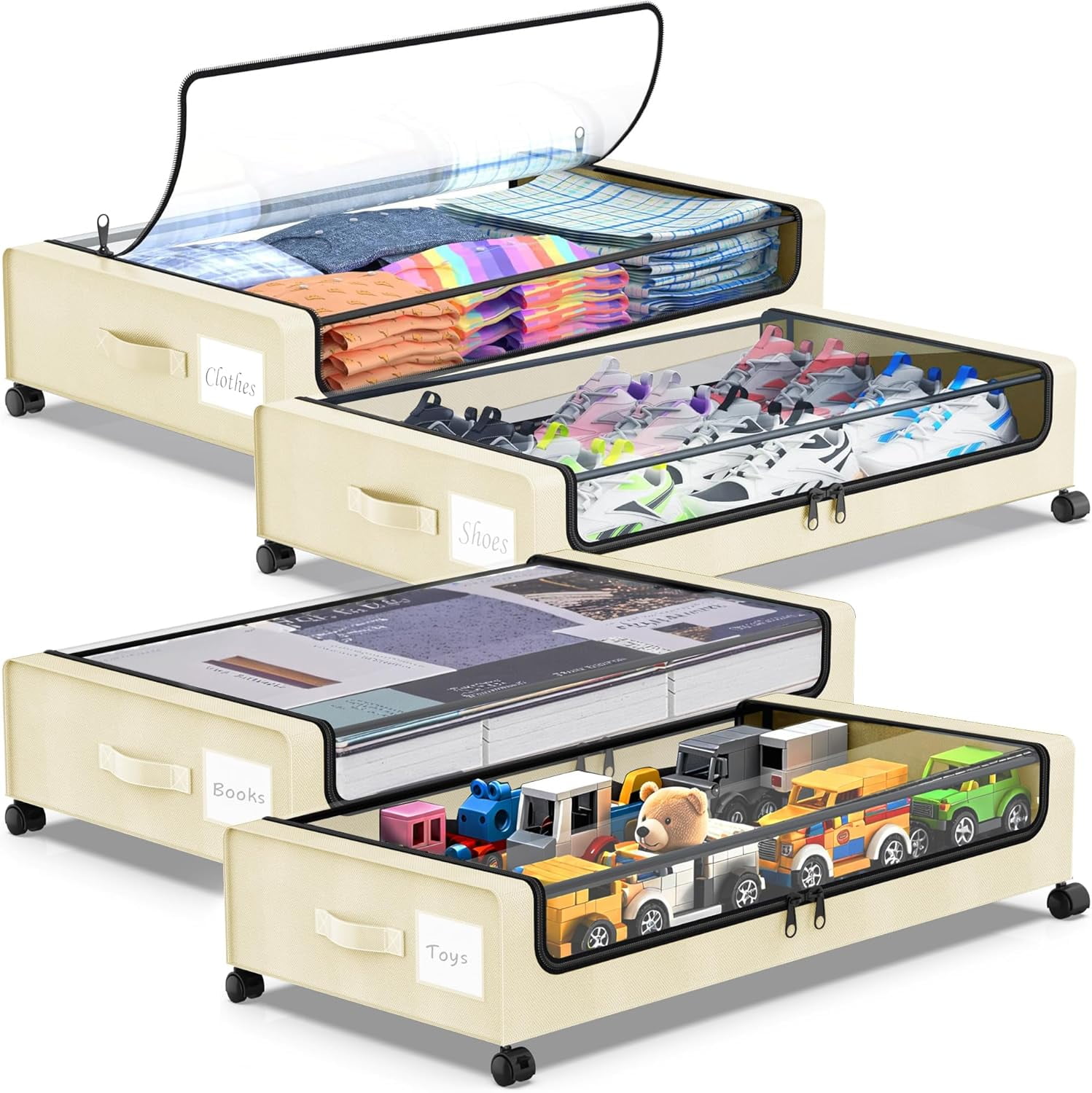 Under Bed Storage with Wheels, 4-Pack UnderBed Storage Containers with ...