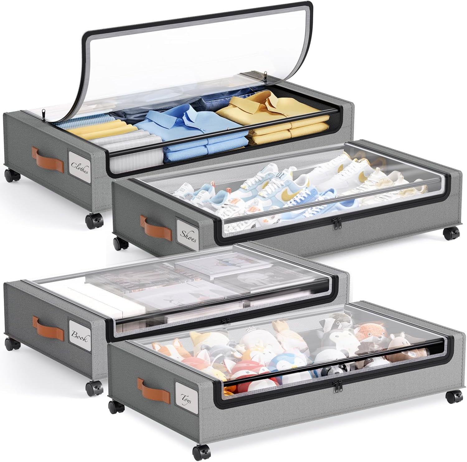Under Bed Storage with Wheels, 4Pack Under Bed Storage Containers ...