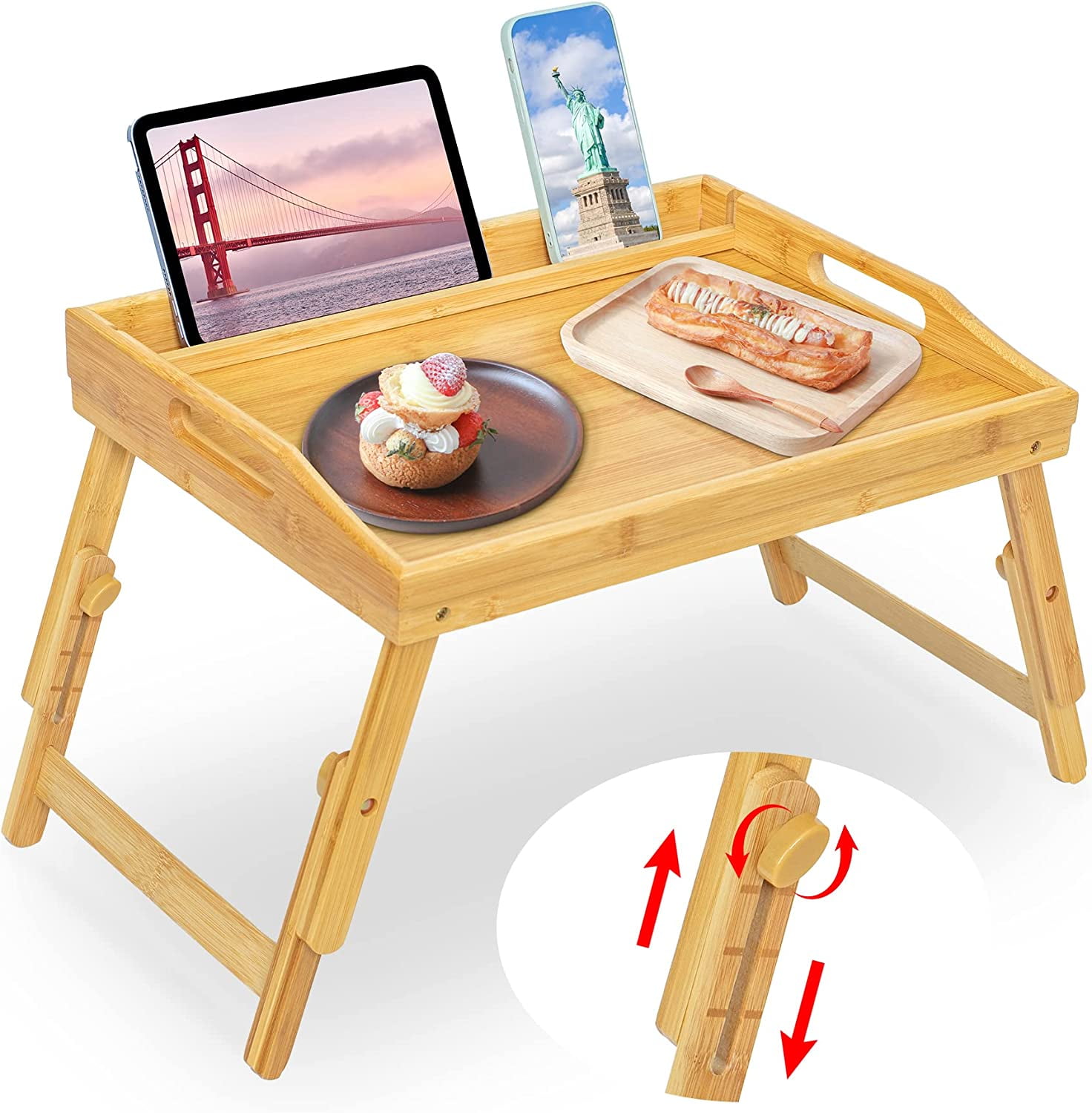 Bed Tray Table for Eating -Bamboo Breakfast Food Table with Phone ...