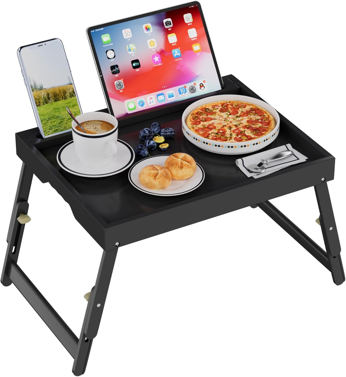 Bed Tray Table with Folding Legs, Bamboo Breakfast Food Tray with Media ...